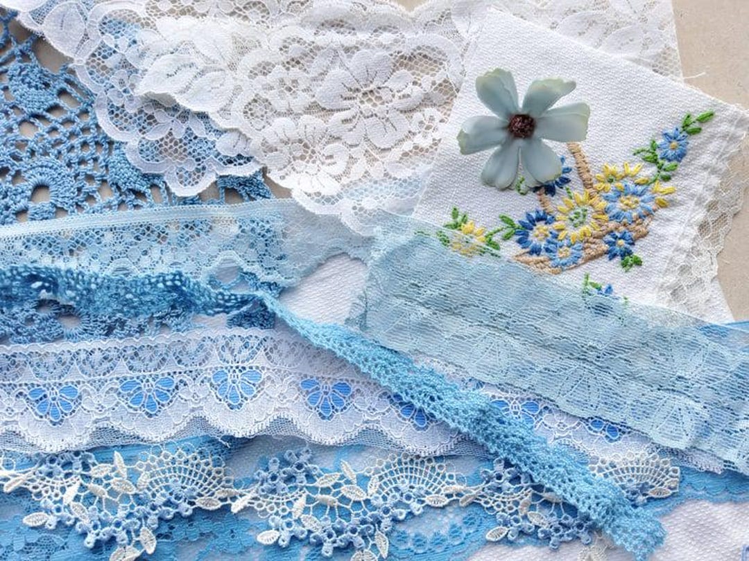 Lace, Doily and Table Linen Pack in Blue and White Shades, Junk Journal ...