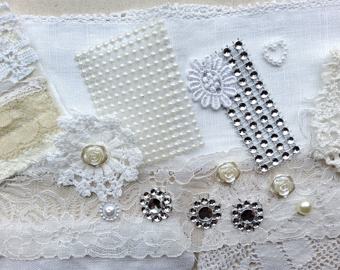 Vintage Fabric, Lace, Embellishment, Snippet, Ephemera Pack in White ...