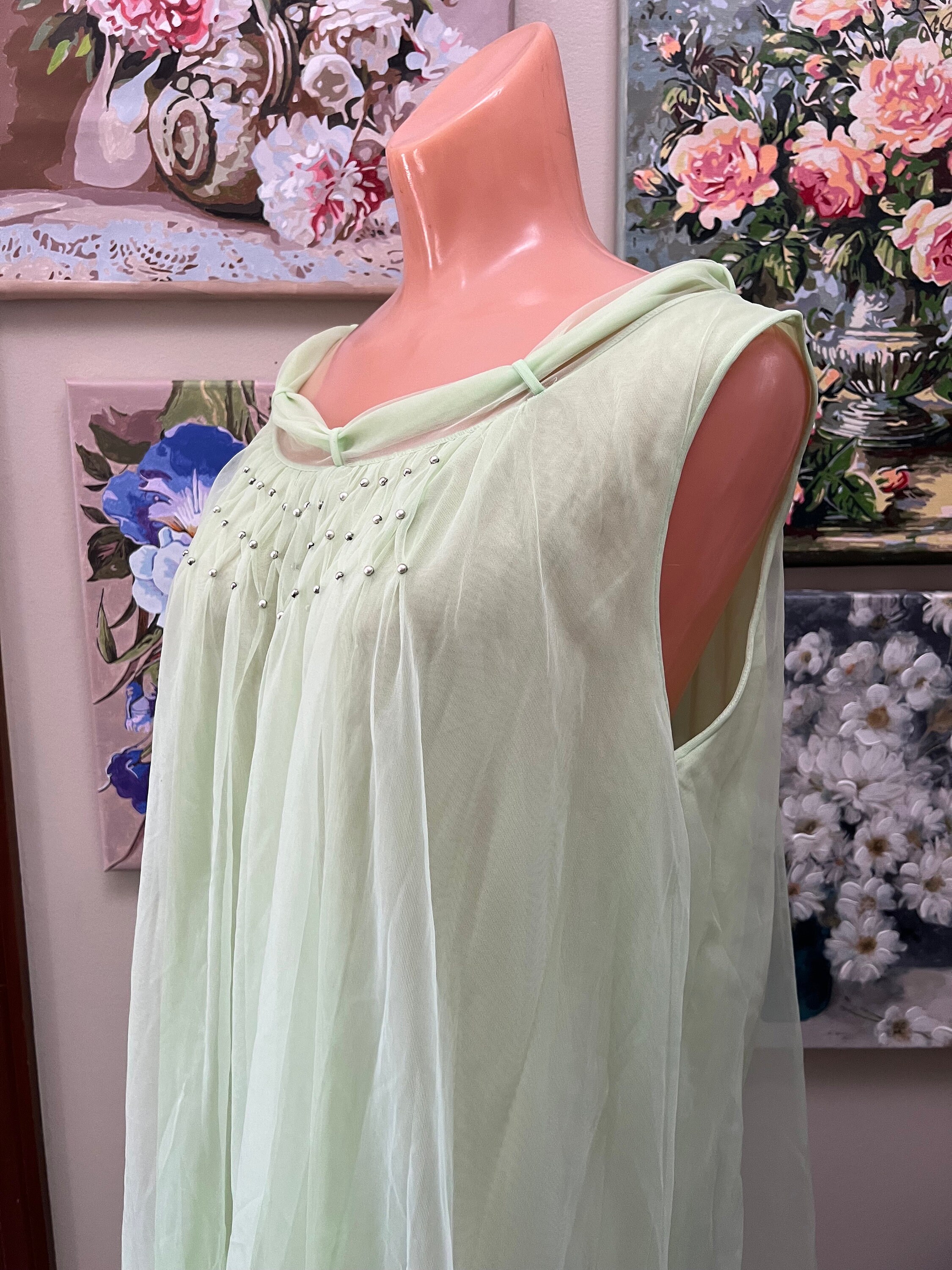 Vintage Lime Green Chiffon Pandora 60s Nightgown L - Etsy