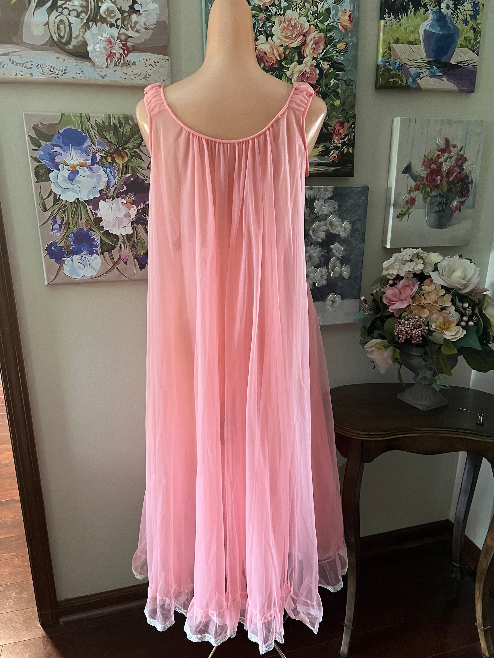 Vintage Pale Coral Pink Miss Elaine Dbl Chiffon Negligee Nightgown S-M ...