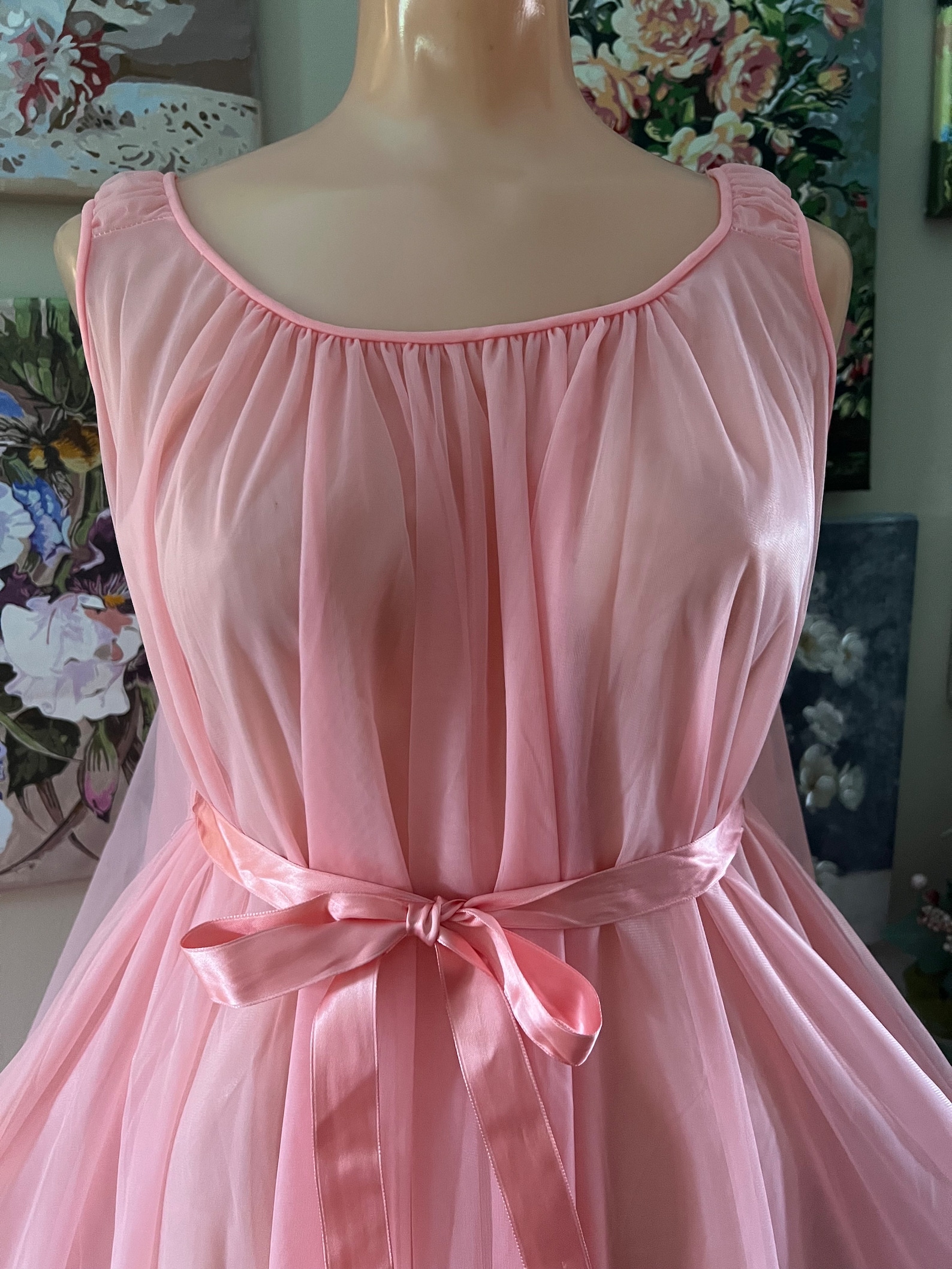 Vintage Pale Coral Pink Miss Elaine Dbl Chiffon Negligee Nightgown S-M ...