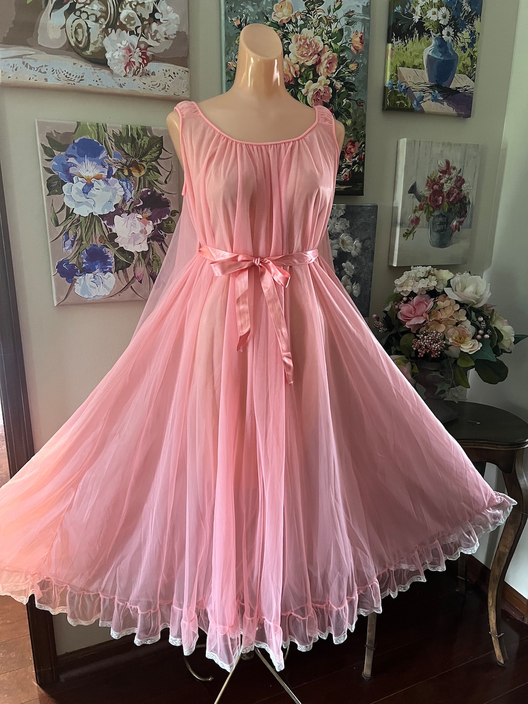 Vintage Pale Coral Pink Miss Elaine Dbl Chiffon Negligee Nightgown S-M ...