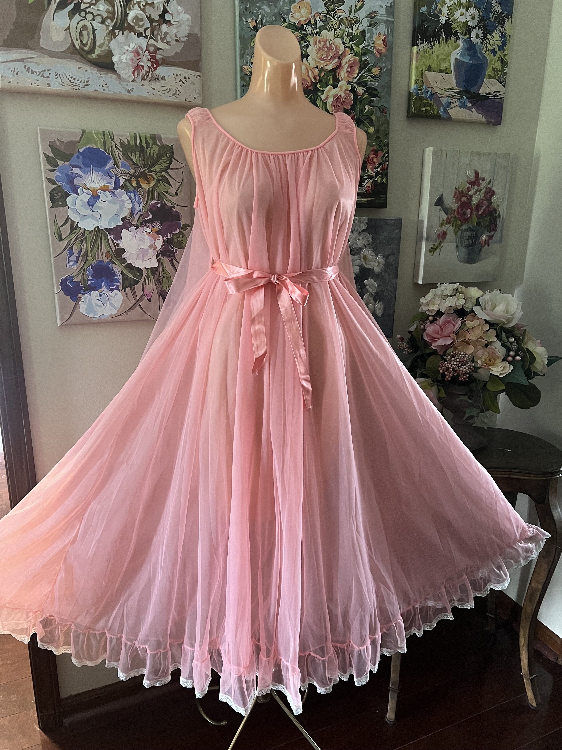 Vintage Pale Coral Pink Miss Elaine Dbl Chiffon Negligee Nightgown S-M ...