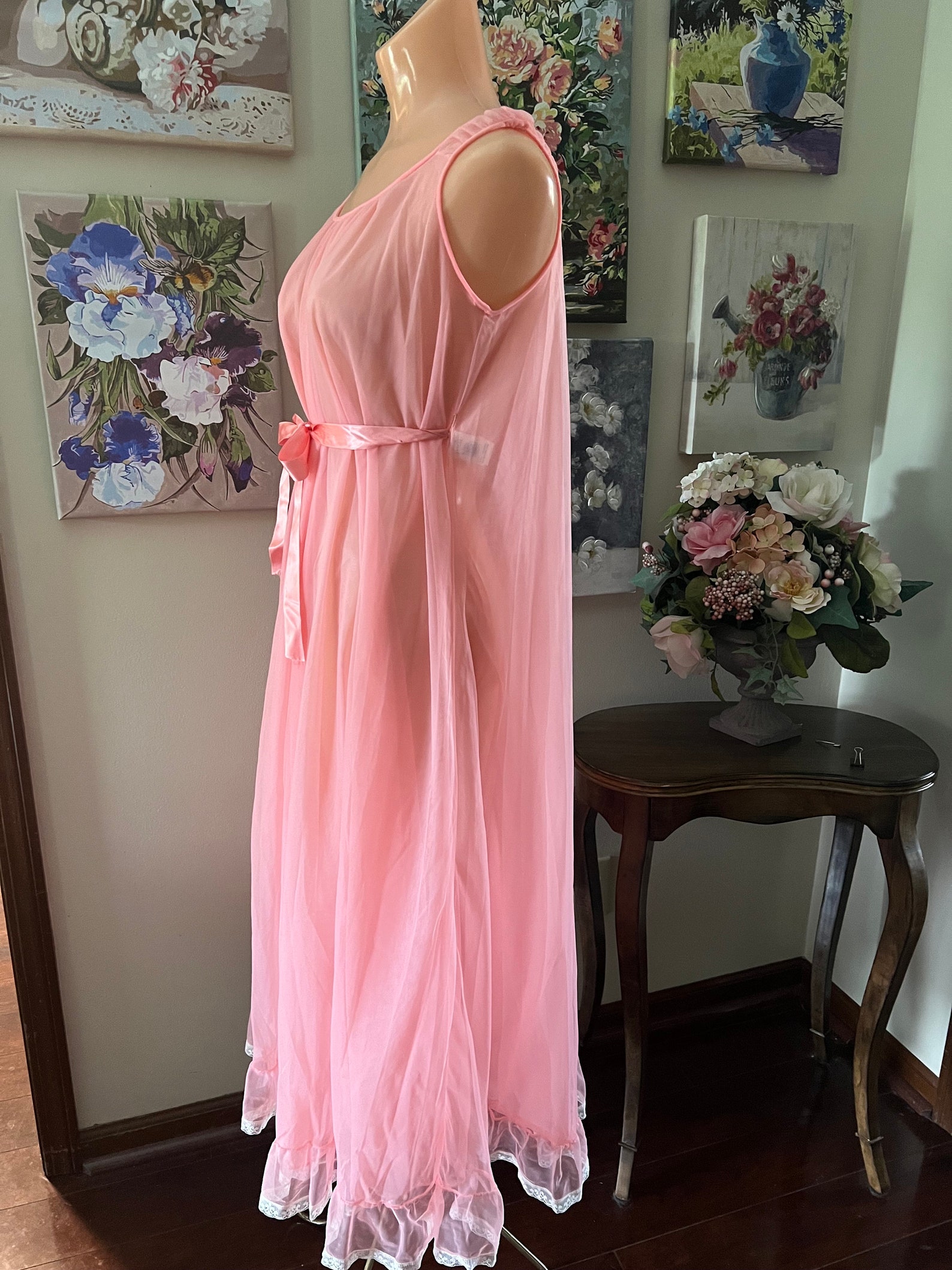 Vintage Pale Coral Pink Miss Elaine Dbl Chiffon Negligee Nightgown S-M ...