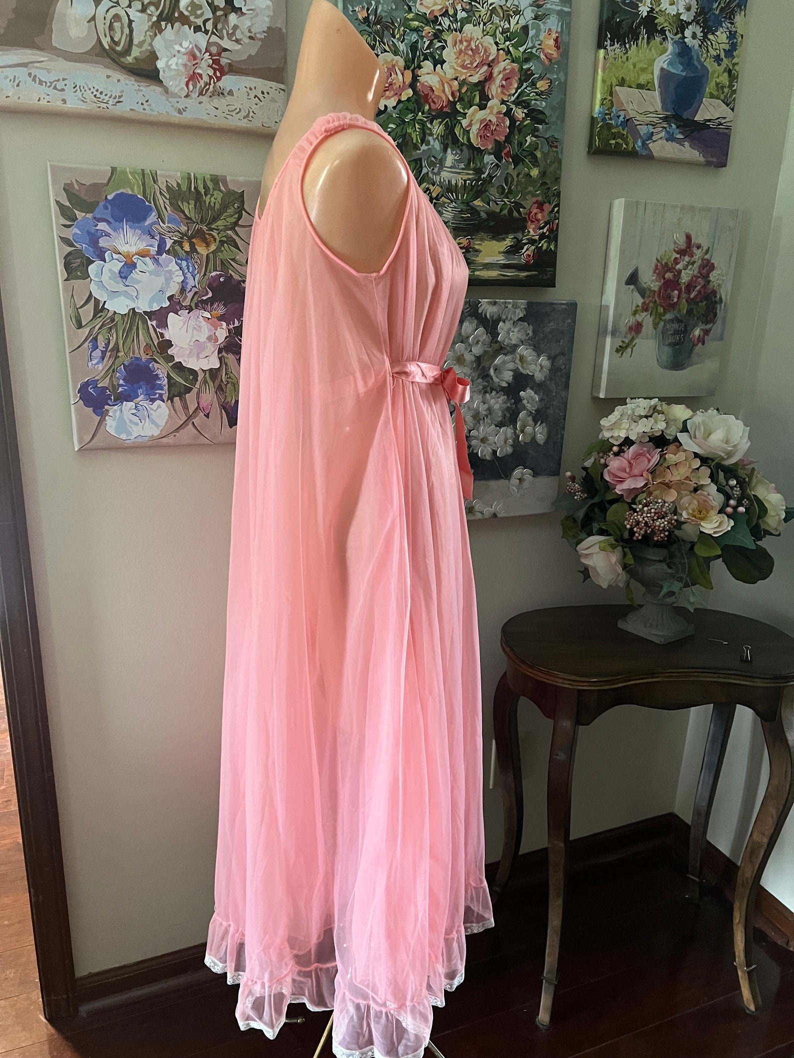 Vintage Pale Coral Pink Miss Elaine Dbl Chiffon Negligee Nightgown S-M ...