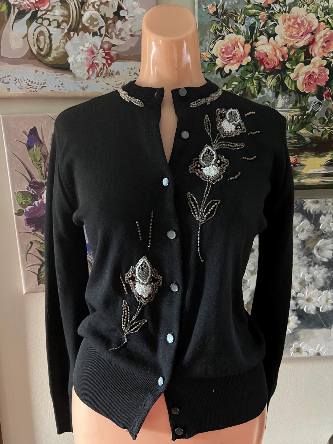 Vintage 50s 60s Black Beaded Sweater Dotty Mann Bust to 36” - Etsy