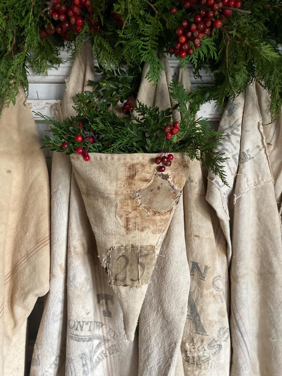 Antique Grain Sack Hanging Cone/primitive Grain Sack Pocket/christmas ...