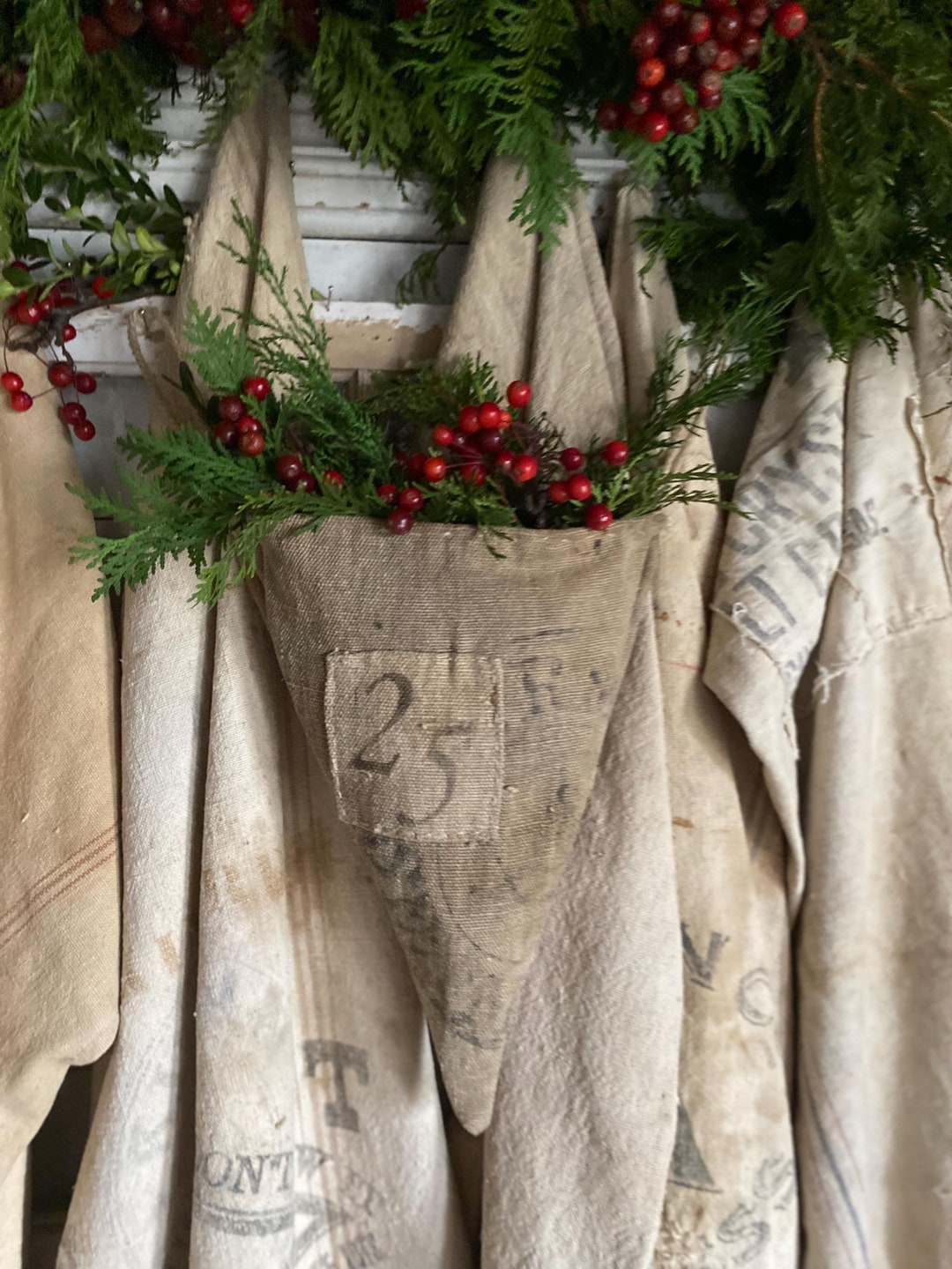 Antique Grain Sack Hanging Cone/primitive Grain Sack Pocket/christmas ...