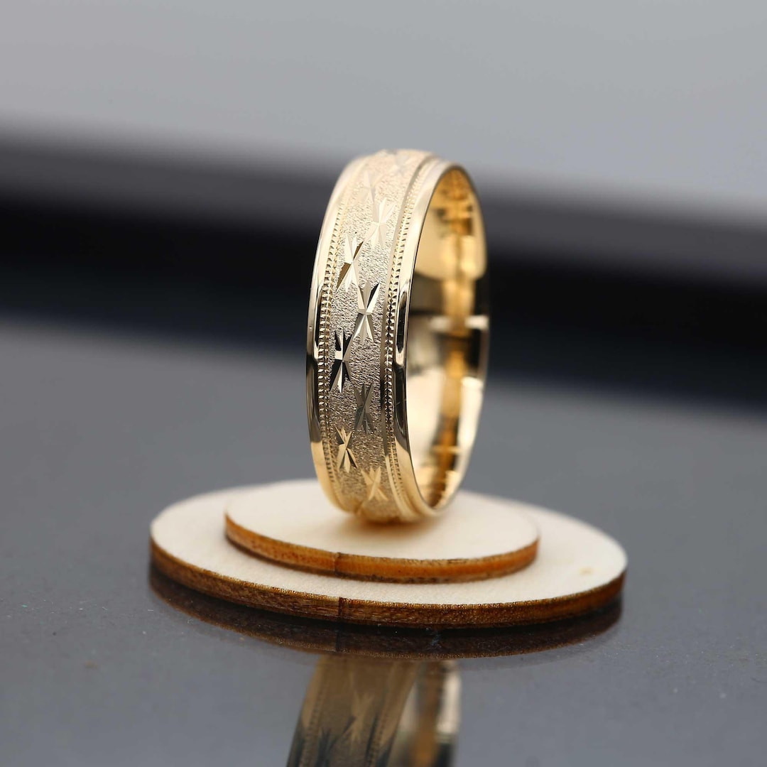 Solid Gold Star Pattern Wedding Band: Handmade 10K 14K 18K Gold, SG006 ...