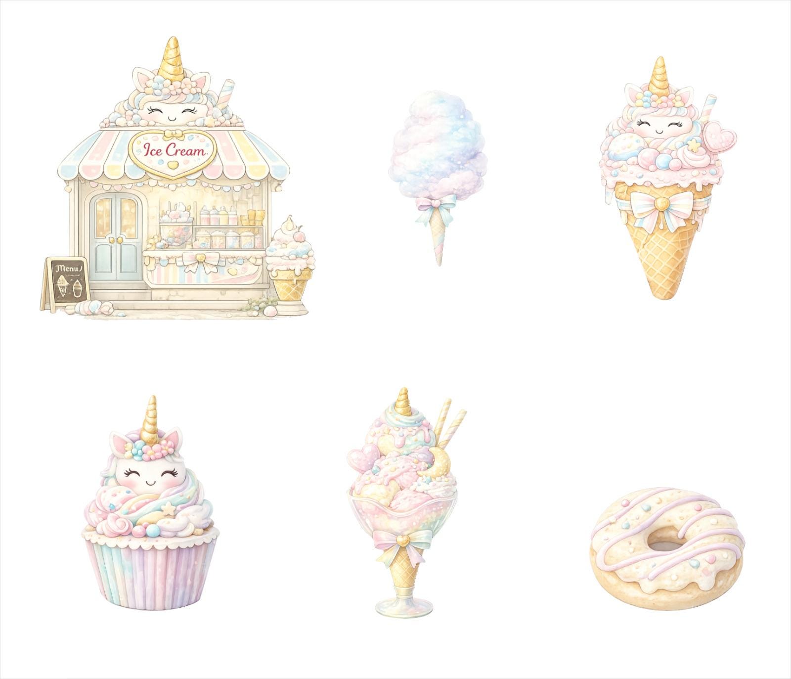 Candyland Unicorn Clipart Set | 25 PNG + 8 Digital Papers | Watercolor ...