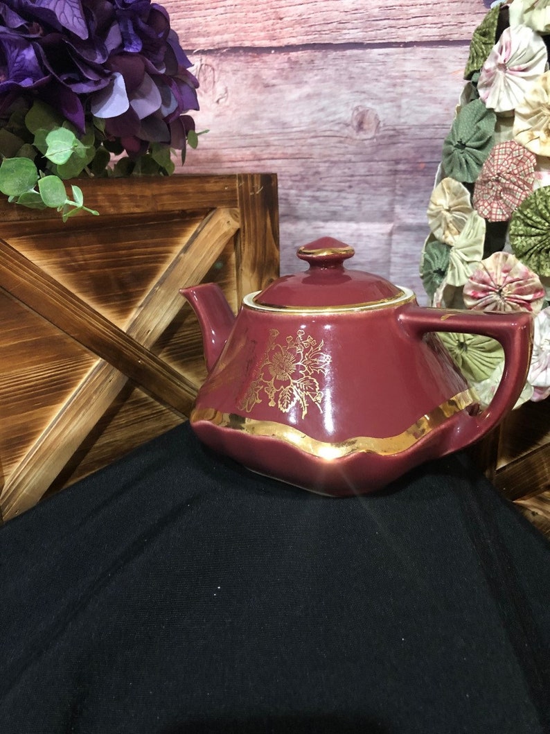 Hall Pottery Teapot Maroon Gold Trim 0173 | Etsy