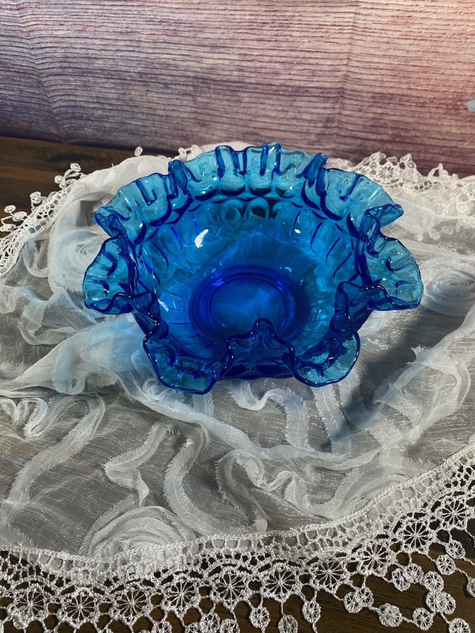 Fenton Colonial Blue Thumbprint Pattern Bon Bon Bowl With Ruffled Edge ...