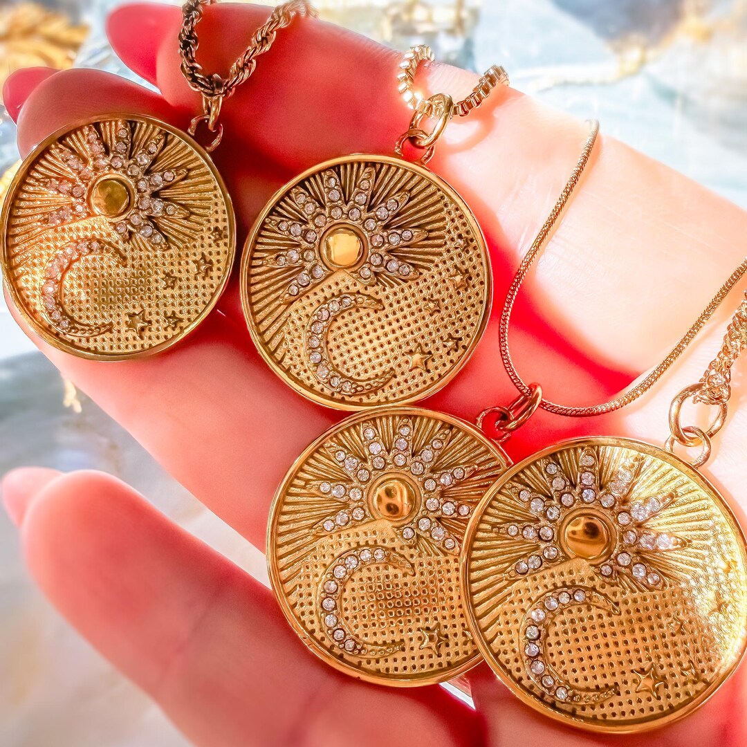Sun and Moon Medallion Necklace in 18K Gold Plated Stainless Steel ...
