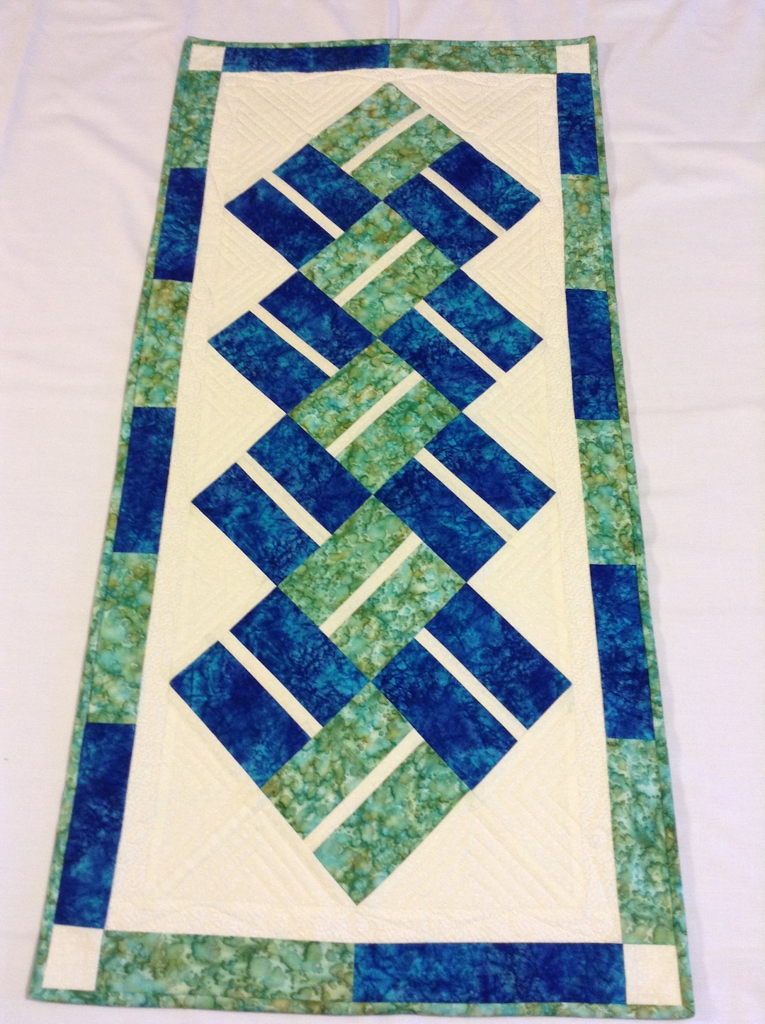 Quilted Blue & Green Batik Handmade Table Runner 36 1/2" X 17 3/4 ...