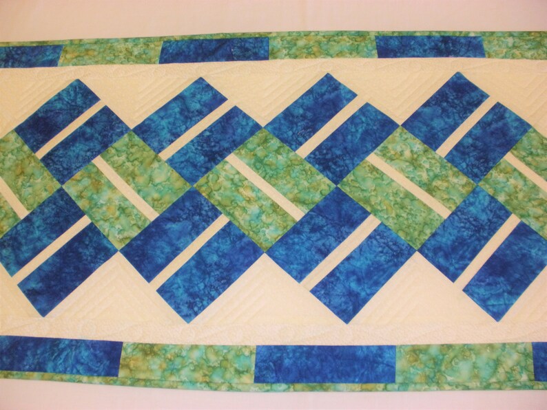 Quilted Blue & Green Batik Handmade Table Runner 36 1/2 X 17 3/4 ...