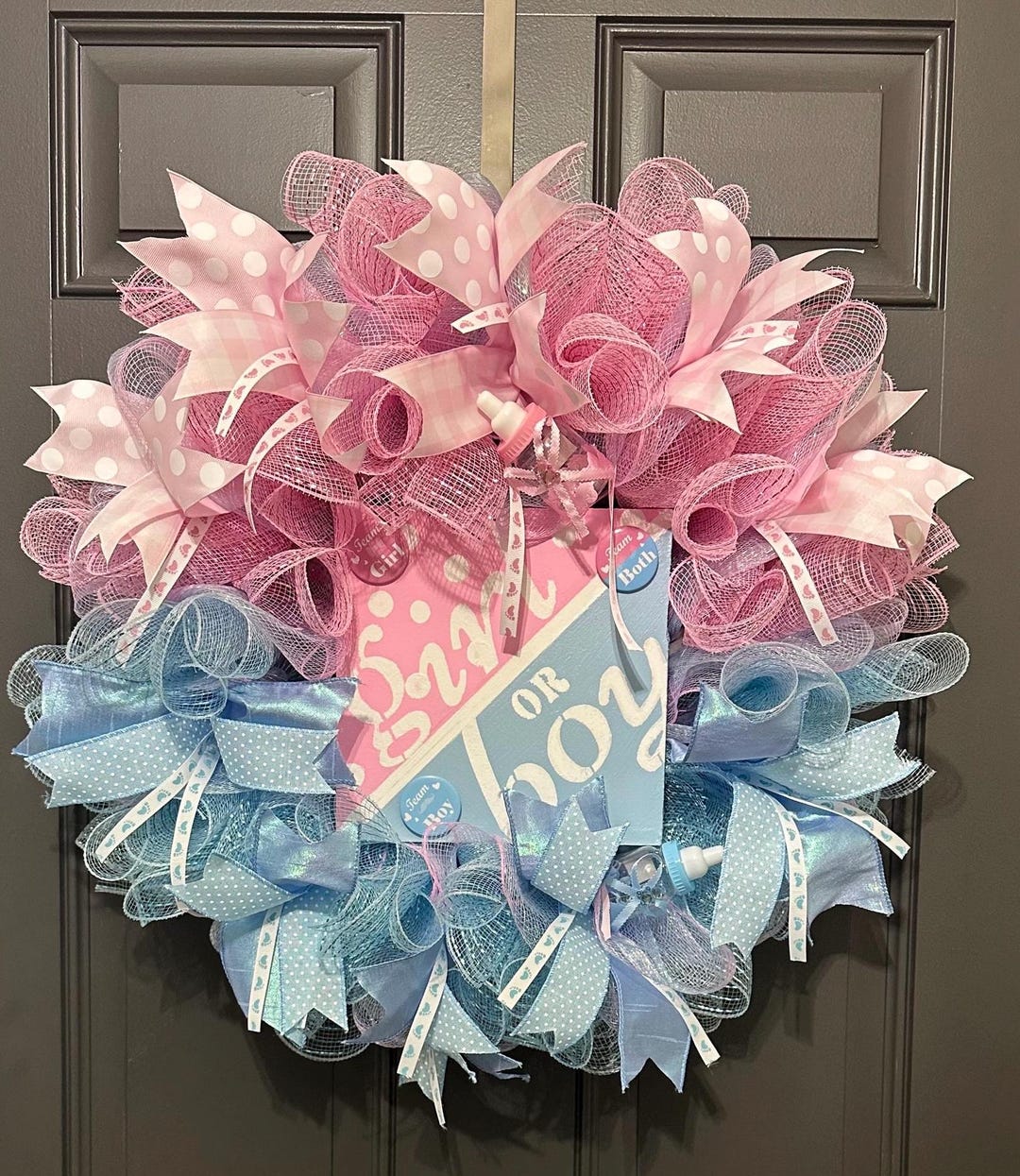 Gender Reveal Wreath - Pink & Blue Deco Mesh With Baby Bottle Accents ...