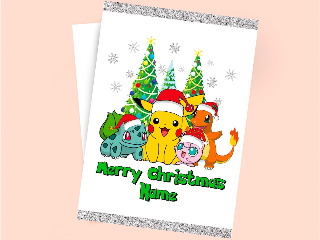 Personalised Pokemon With Christmas Trees Christmas Card, Pokemon Cards ...
