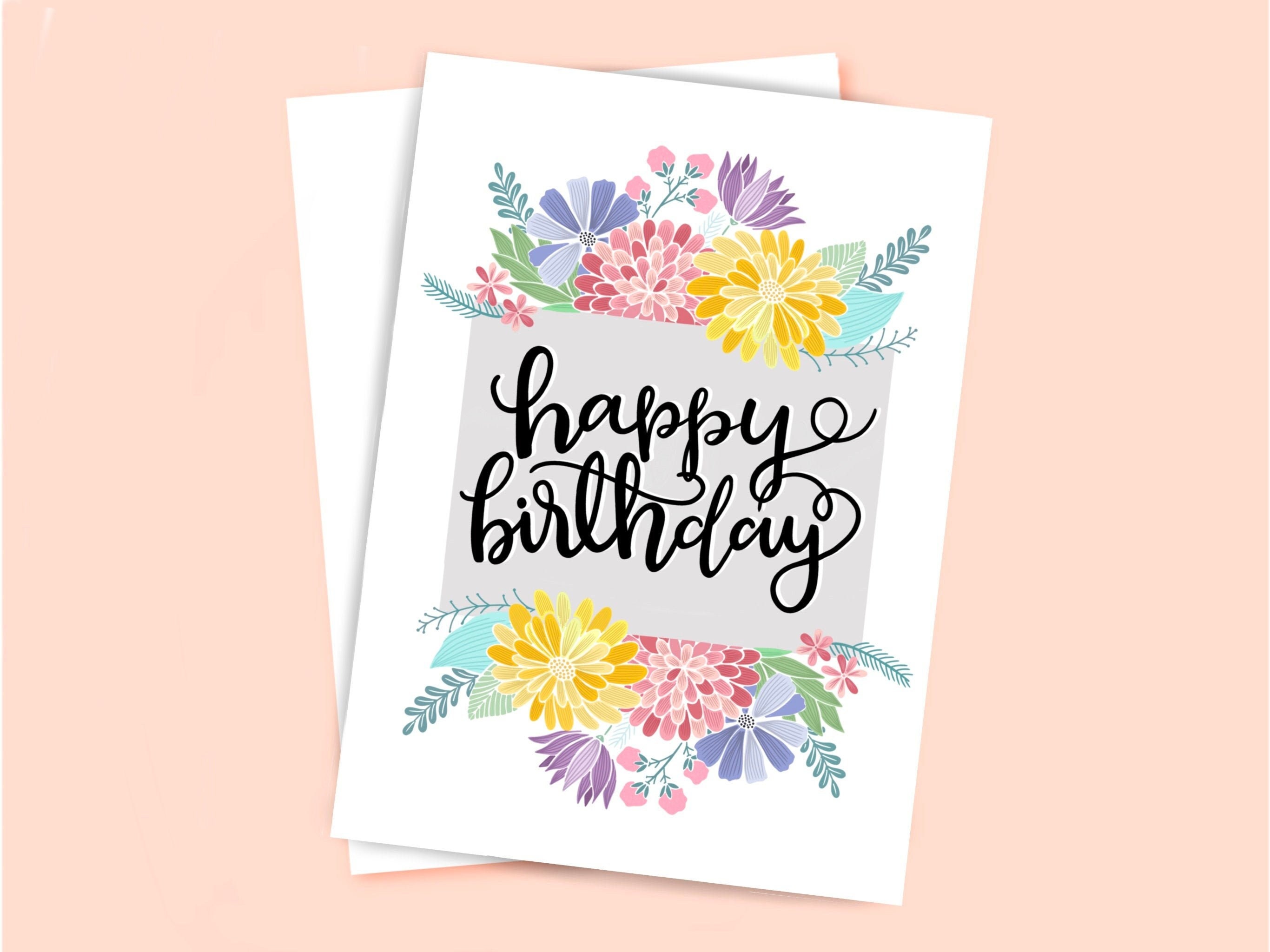Happy Birthday Card Calligraphy Floral Border Colourful - Etsy