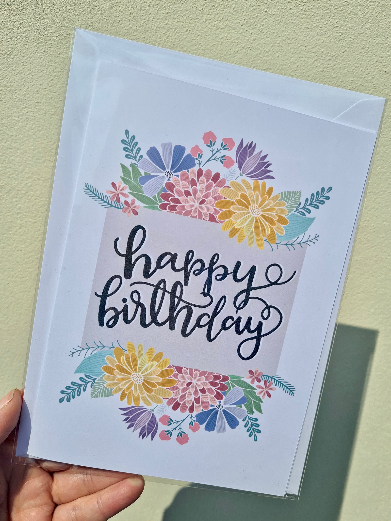 Happy Birthday Card Calligraphy Floral Border Colourful - Etsy