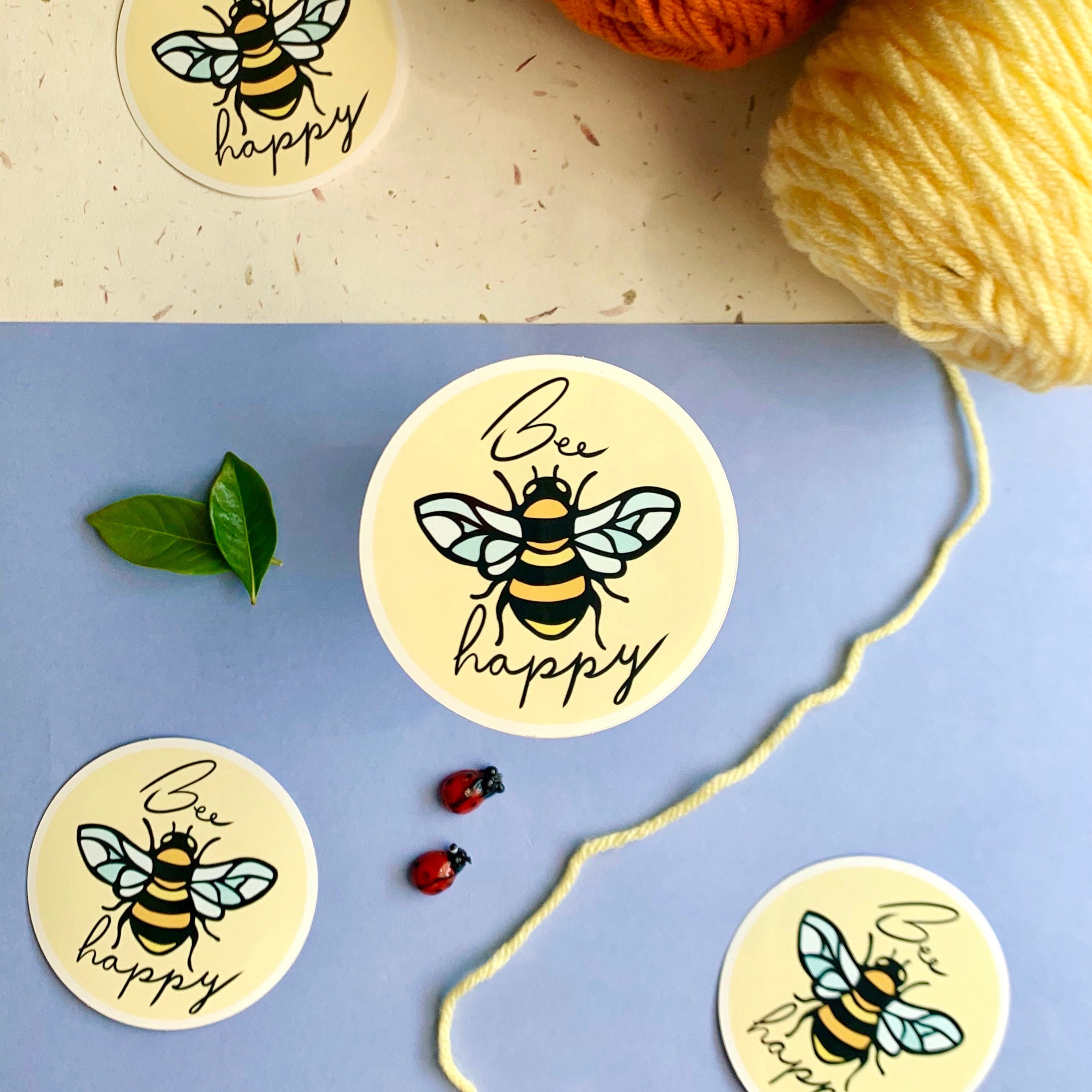 Bee Happy, Glossy Coated Vinyl Contour Cut Sticker, Hand Drawn ...