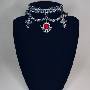 Gothic Lace Vertebrae Chainmail Choker W/ Ruby Brooch Pendant Silver ...
