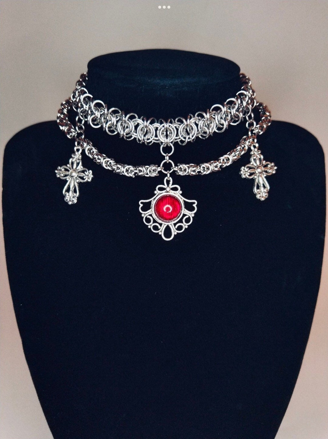 Gothic Lace Vertebrae Chainmail Choker W/ Ruby Brooch Pendant Silver ...