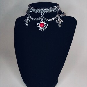 Gothic Lace Vertebrae Chainmail Choker W/ Ruby Brooch Pendant Silver ...