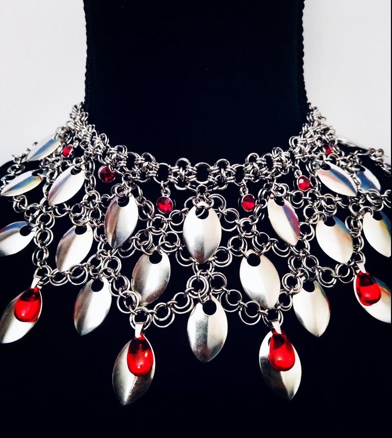 Gothic Lace Dragon Scale Chainmail Choker With Ruby Red - Etsy