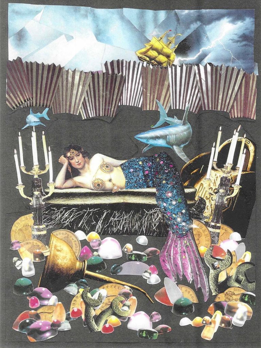 Patience - Surreal Collage Art Print Mermaid Underwater Garden Sharks ...