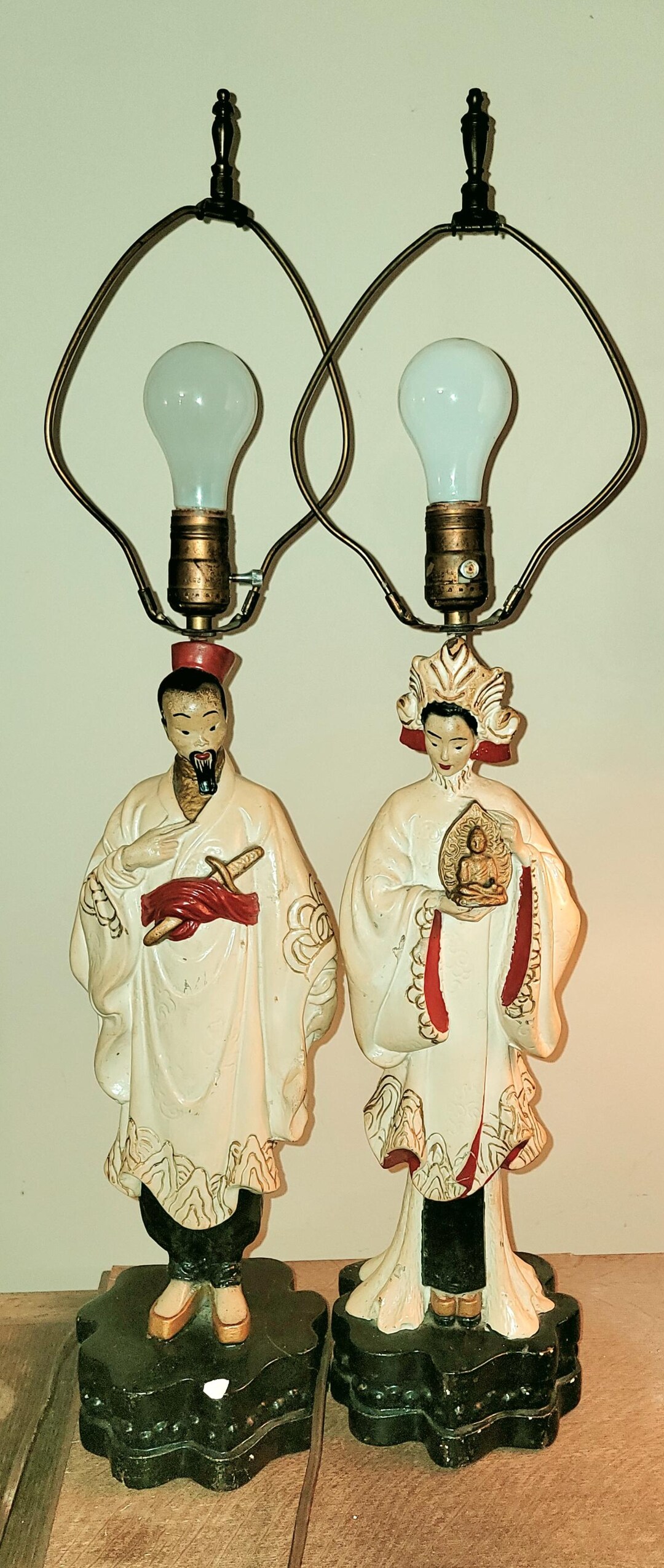 Vintage Mid-century Chalkware Lamps Asian Quan Yin and Warrior - Etsy
