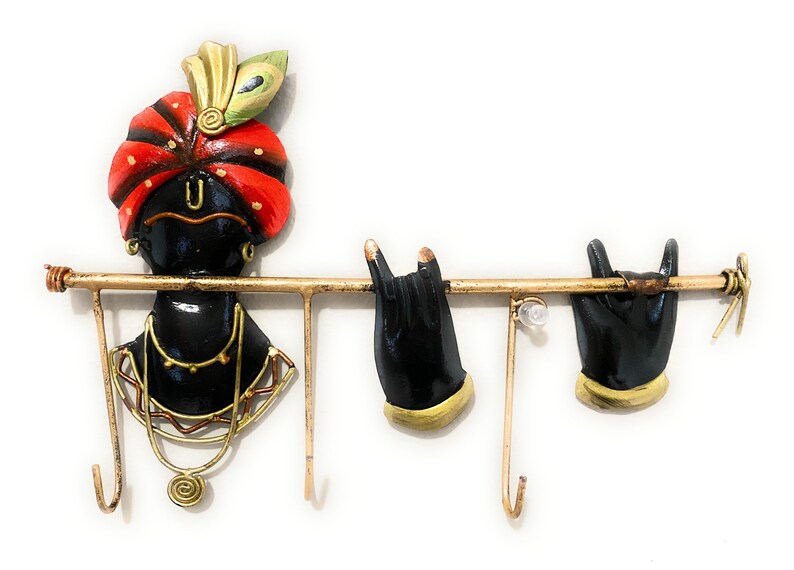 Handmade Krishna Key Holder, Indian Ethnic Hand Painted Metal Wall ...