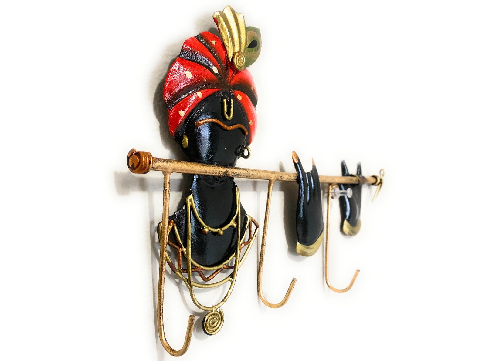Handmade Krishna Key Holder, Indian Ethnic Hand Painted Metal Wall ...