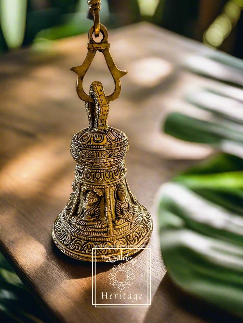 Solid Brass Temple Bell With Chain, Traditional Indian Hanging Bell - Etsy