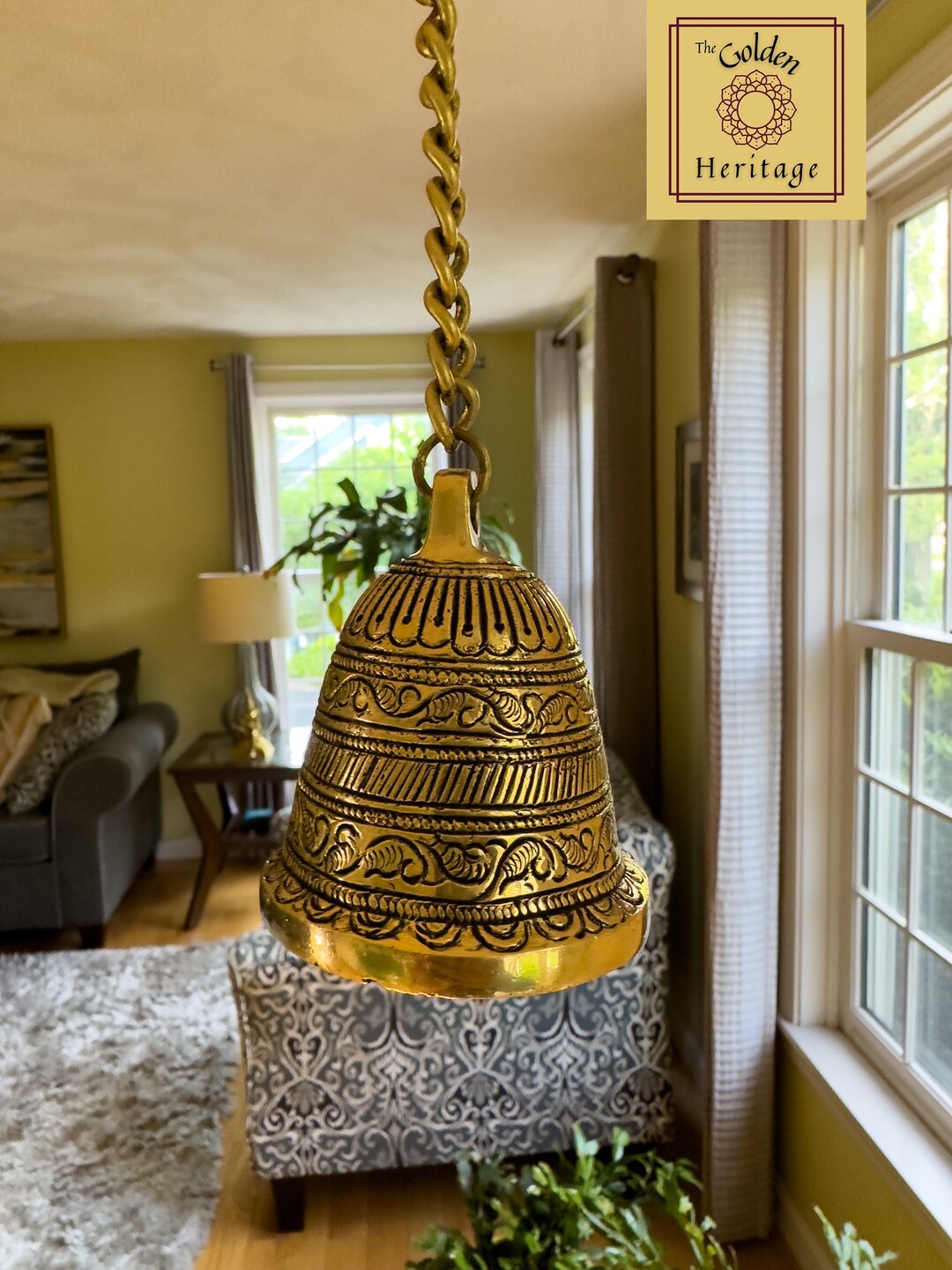 Hanging Brass Designer Bell With Chain Temple Hanging Bell, Figurine ...