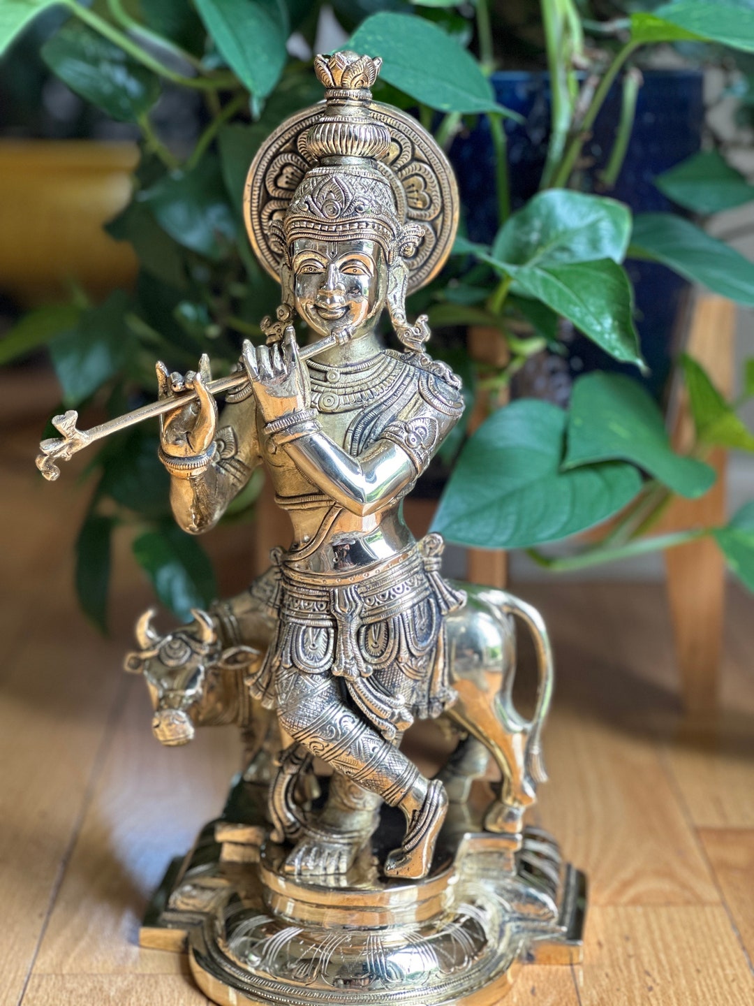 Brass Large Size Krishna With Cow Statue, Krishna Idol for Home Décor ...