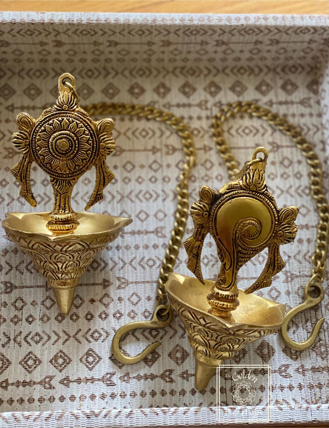 Brass Shankha Chakra Hanging Diya Set: Hindu Decor Lamps - Etsy