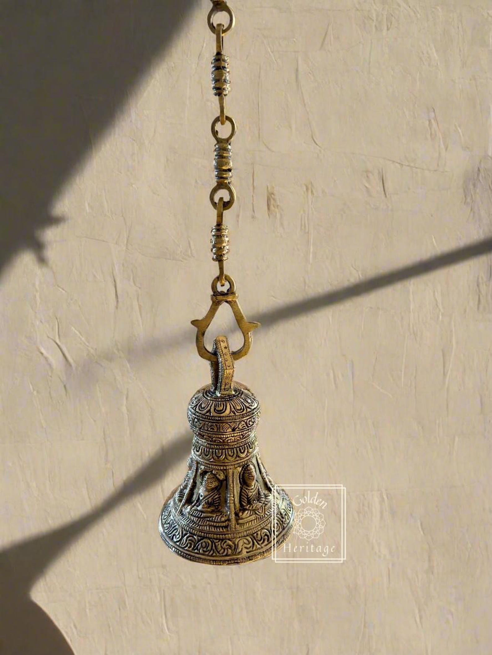 Solid Brass Temple Bell With Chain, Traditional Indian Hanging Bell - Etsy