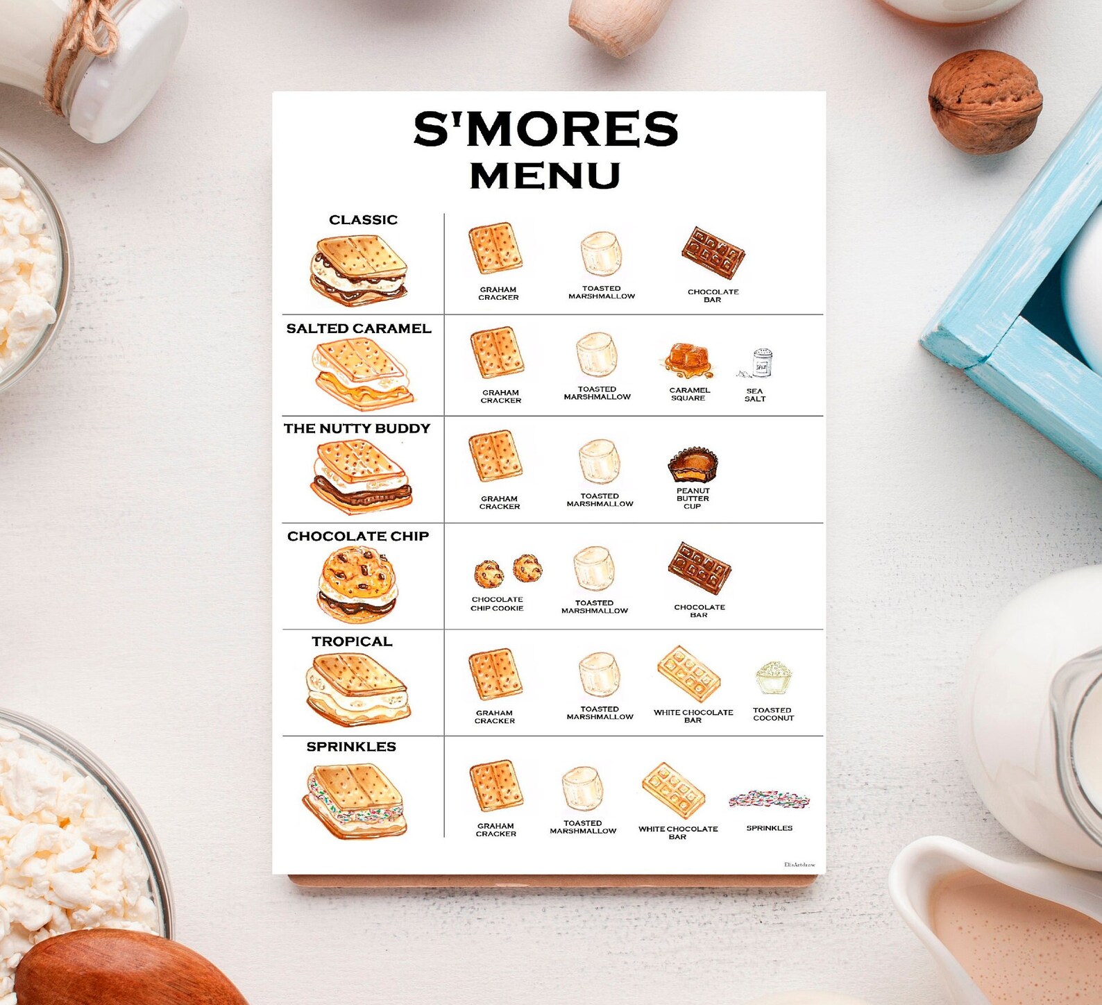 S'MORES Menu, Digital Download, Printable, Holidays Kitchen Art Bar ...
