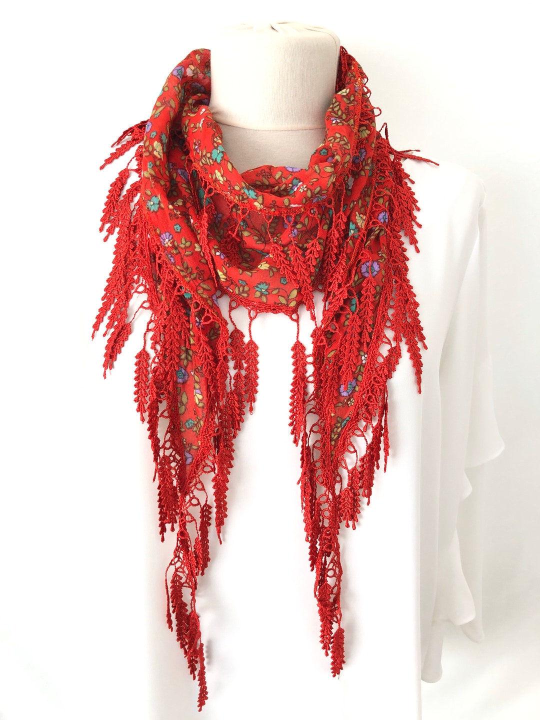 Red Lace Scarf With Lace Fringe Edged Bandana Scarf - Etsy