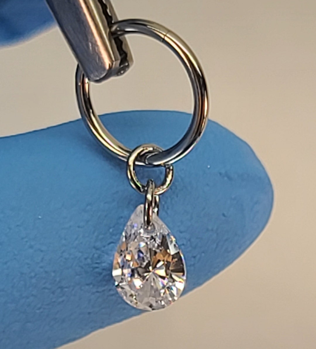 Titanium Hinge Hoop With Clear Pear Gem Dangle Charm choose Gauge ...