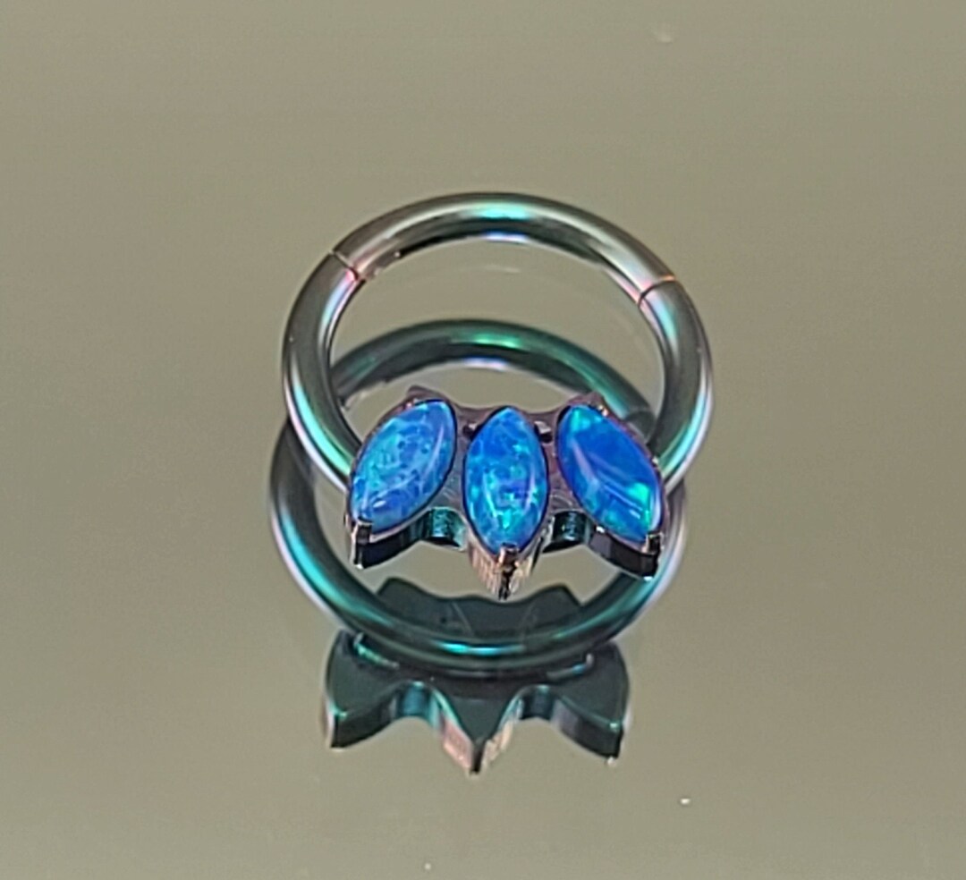 16g Titanium Blue Opal Septum Clicker Daith Ring Three Marquise Blue ...
