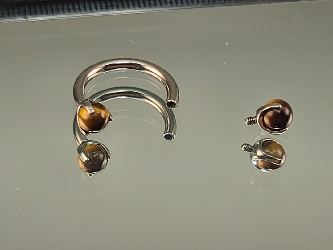 14g Titanium Horseshoe Septum Ring W/5mm Tiger Eye Claw Ends Internally ...