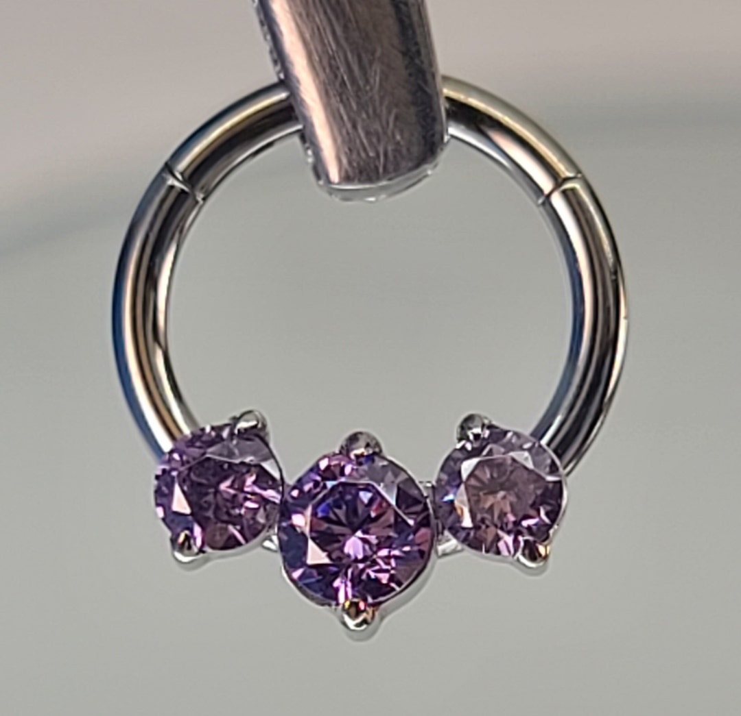 16g Titanium Triple Gem Clicker Purple CZ Gem Septum/daith Ring 5/16 ...