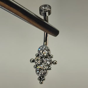 14g Titanium Internally Thread Quad Gem + Bead Navel Ring Belly Piercing Clear Gems High Polish ...