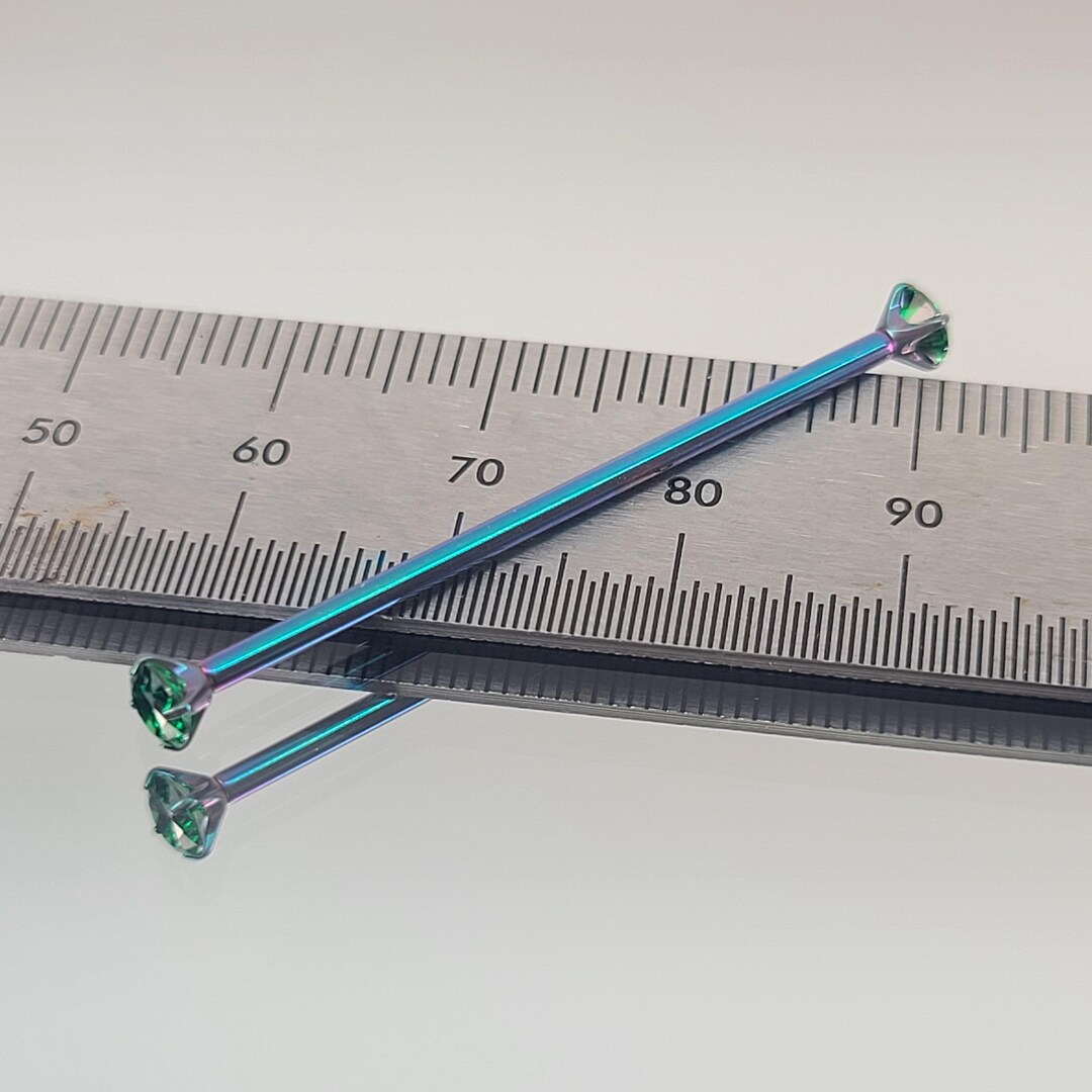14g Titanium Industrial Bar With 4mm Green CZ Gem Prong Set Ends ...