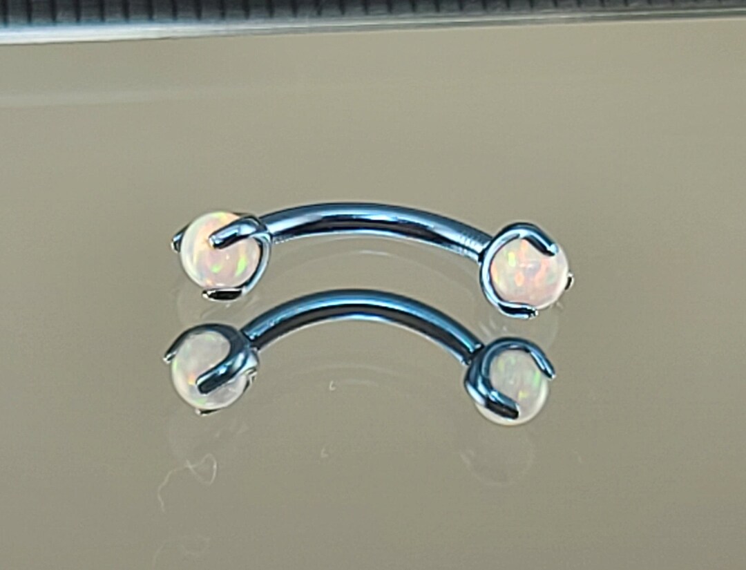 16g Titanium Curved Barbell W/4mm White Opal Ice Blue Anodized Finish ...
