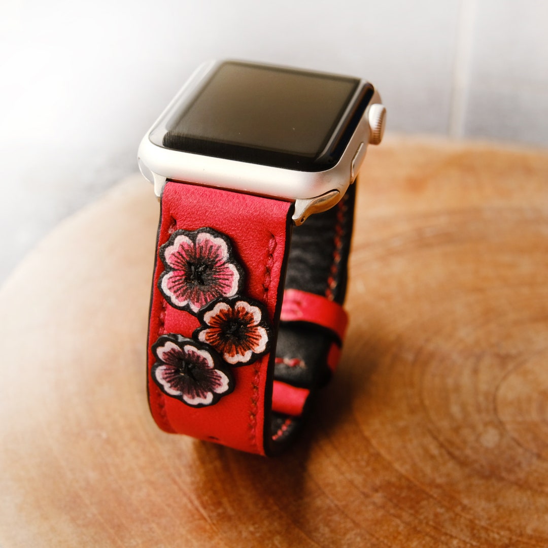 Handmade Leather Apple Watch Band With Floral Design - Etsy