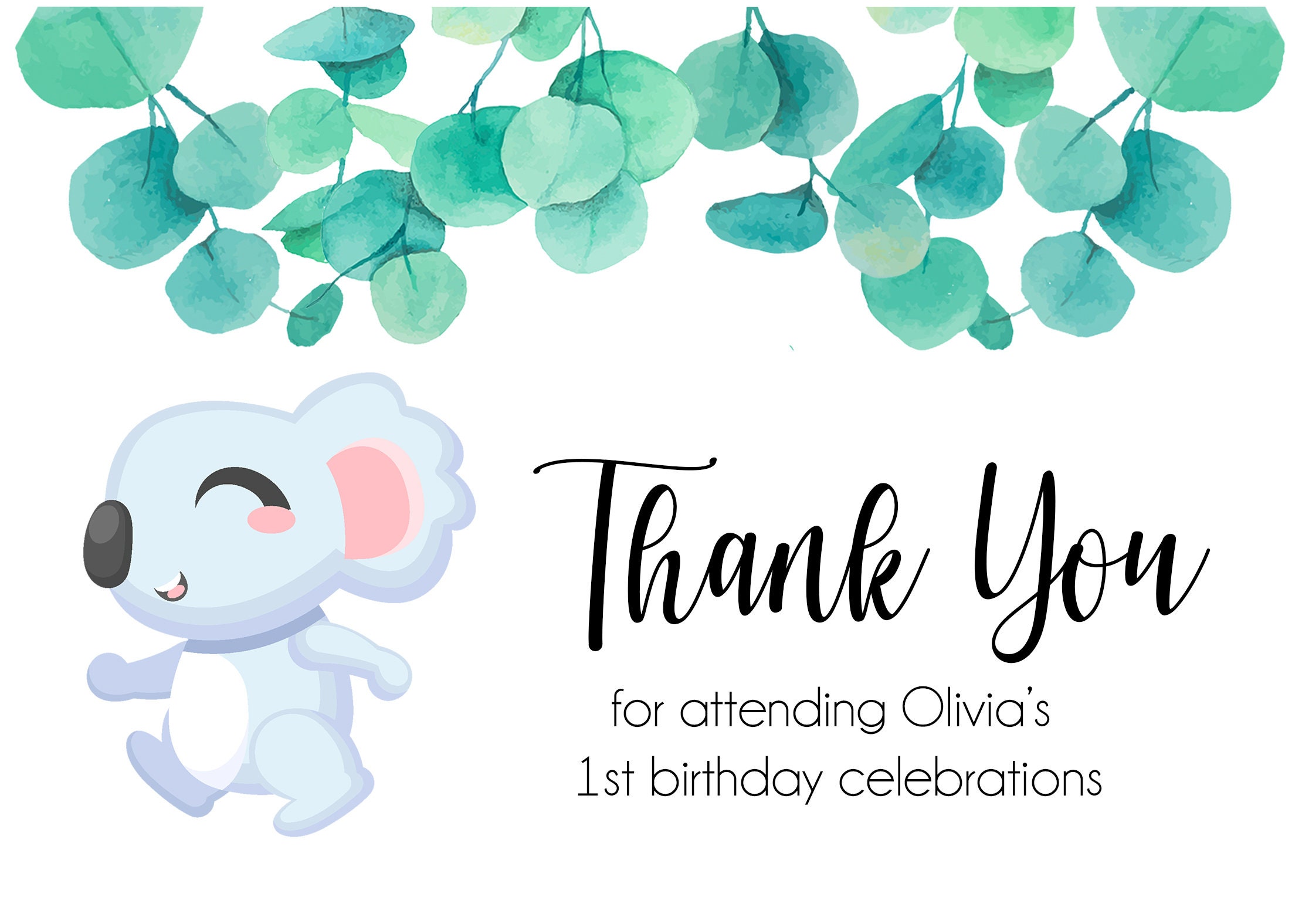 Personalised Koala Thank You Printable Card for Your Birthday Party or ...