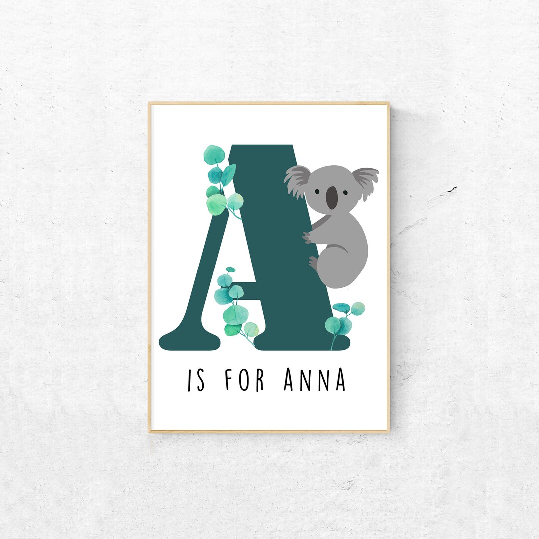 Koala Letter Nursery Print A-Z, Custom Personalised Baby Gift Poster ...