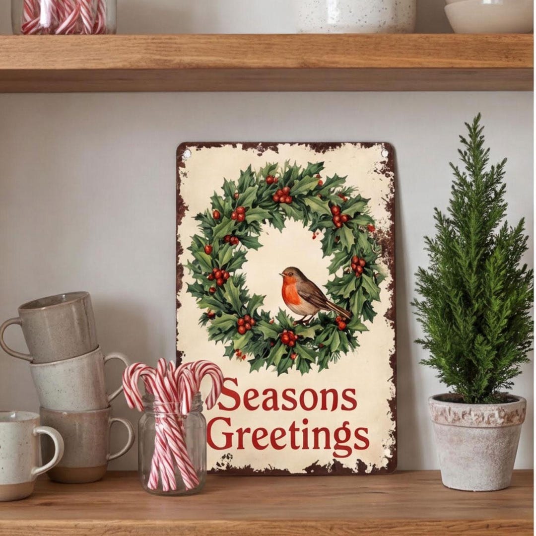 Vintage Seasons Greetings Tin Sign | Robin and Holly Christmas Decor - Etsy